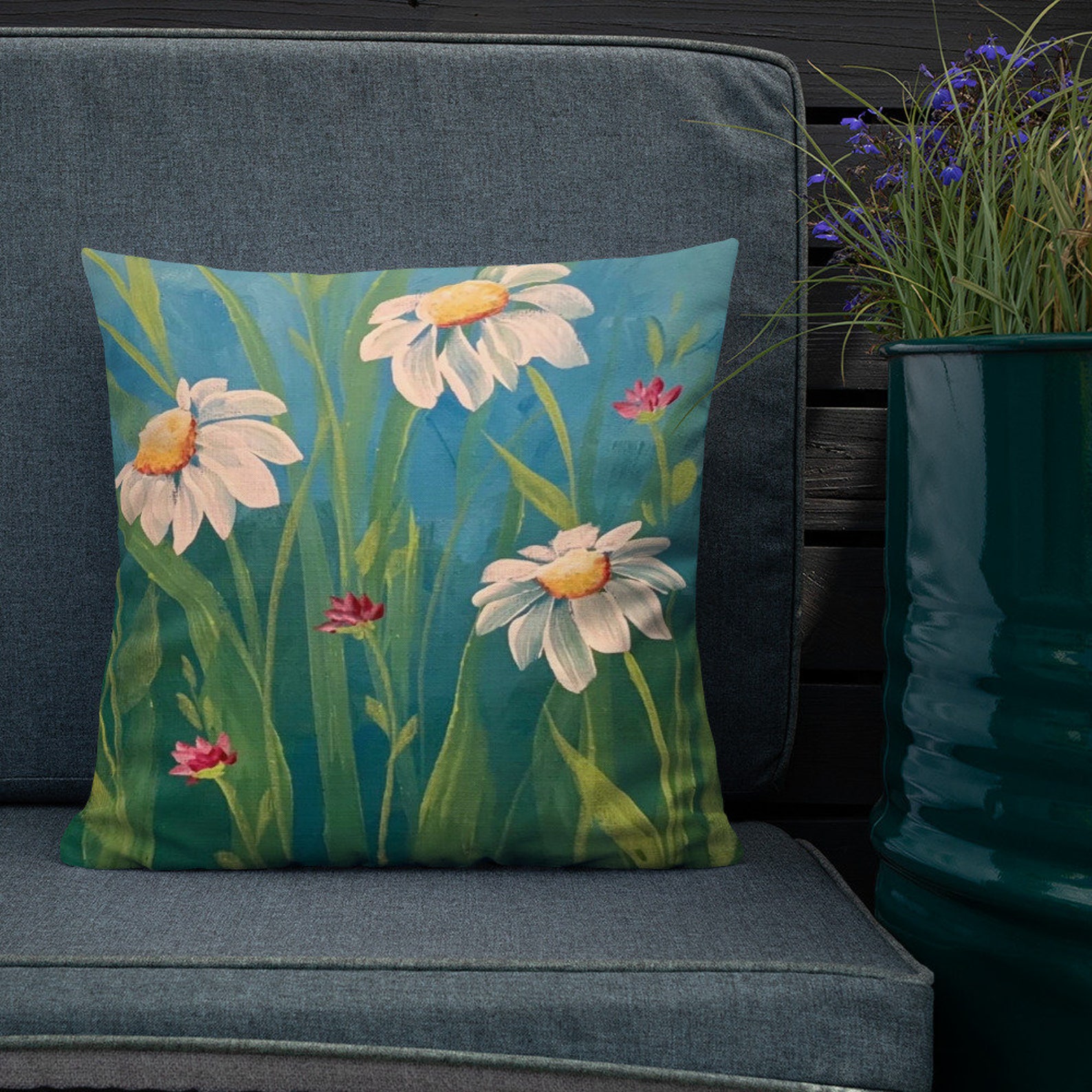 White Daisies on a Blue Background, Printed From Original Hand Painted ...