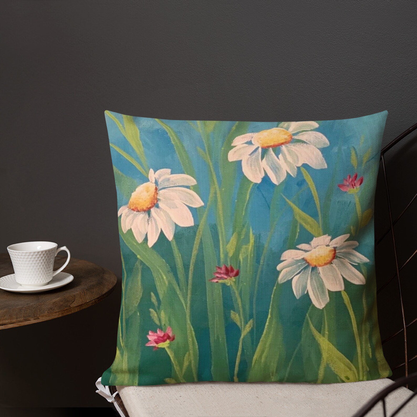 White Daisies on a Blue Background, Printed From Original Hand Painted ...