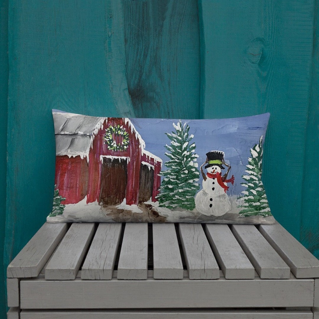 Snowman and Barn Printed From Original Hand Painted Design on a Premium ...