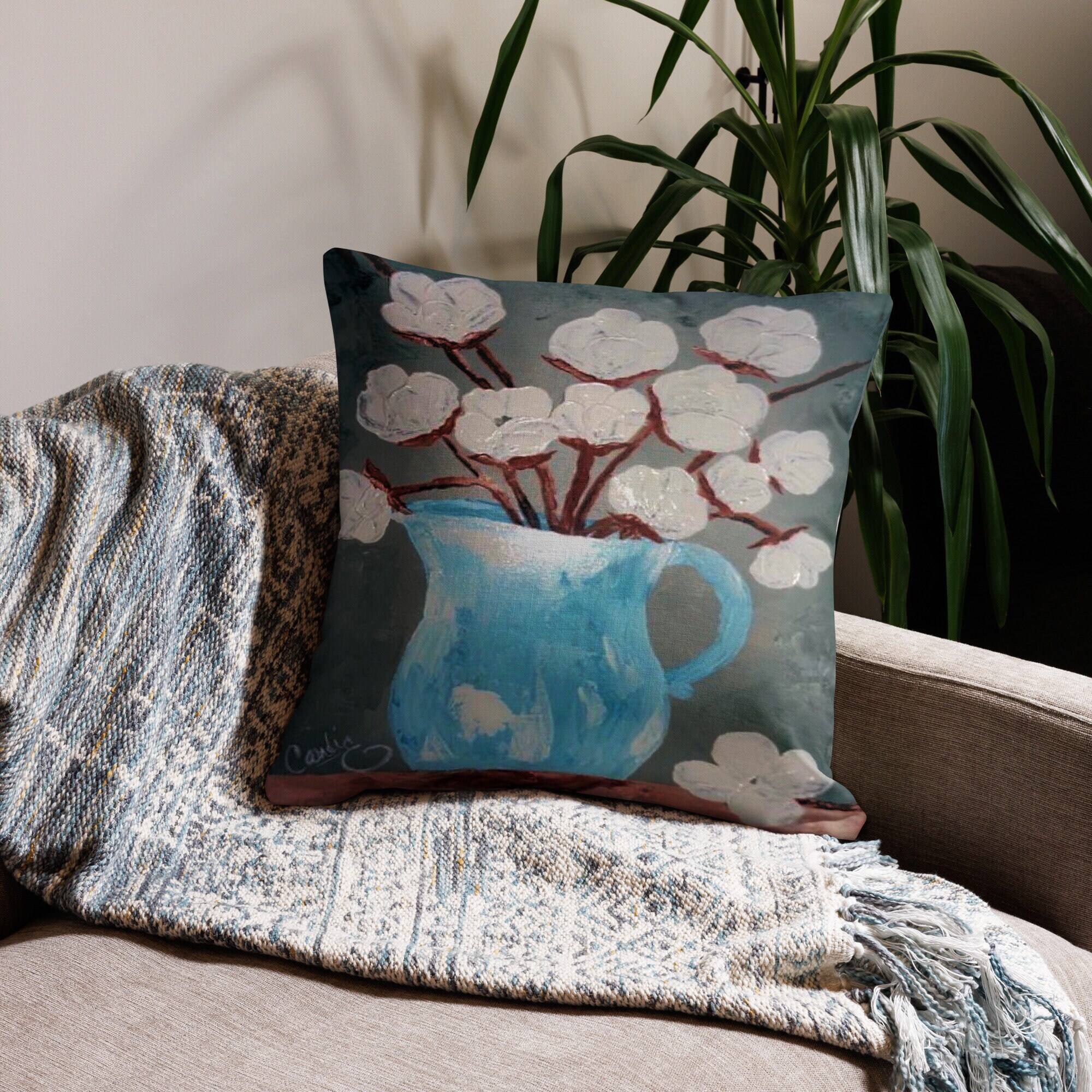 Cotton Bolls in Blue and White Pitcher Printed From Original Hand ...