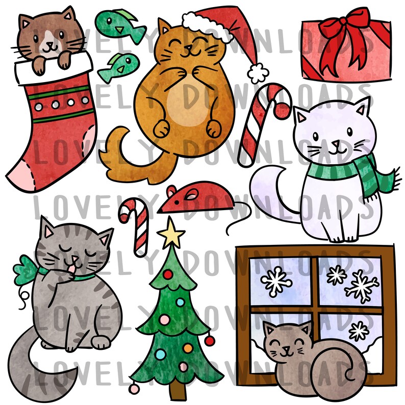Watercolor Clipart Christmas Cats, Instant Digital Download, Limited ...