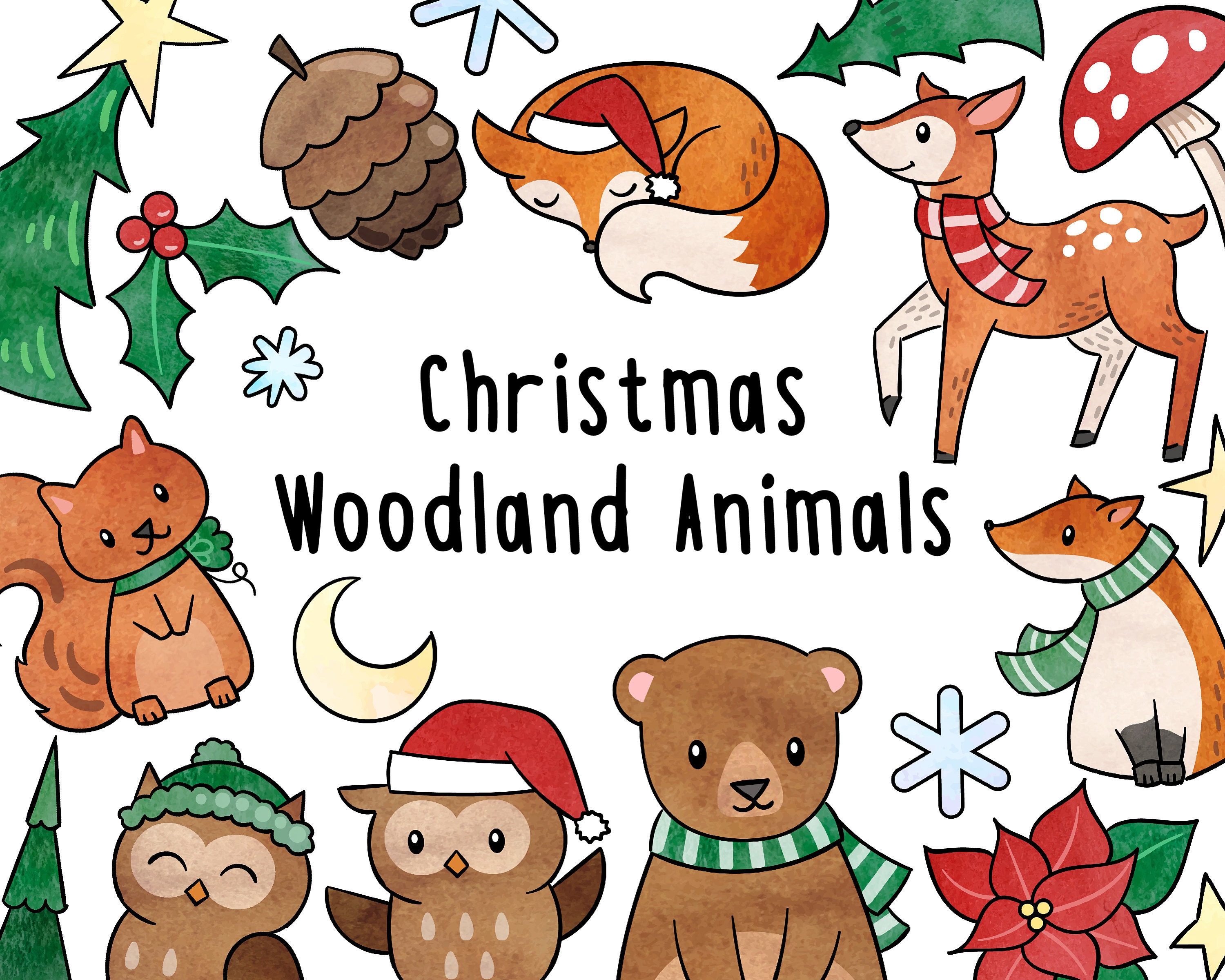 Watercolor Clipart Woodland Animals Christmas, Instant Digital Download ...
