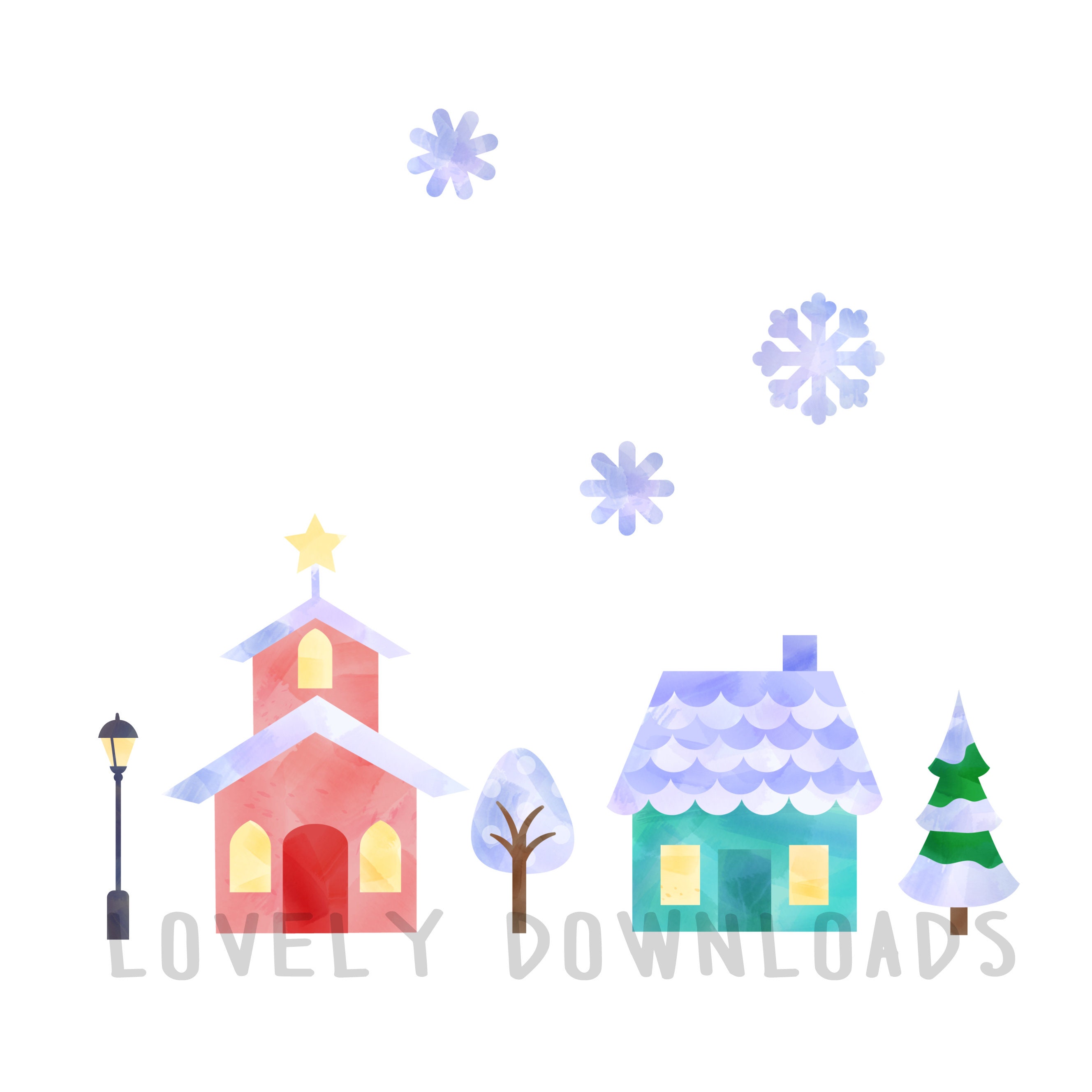 Watercolor Collage Clipart Christmas Winter Village, Instant Digital ...