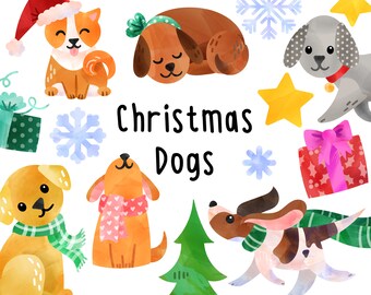 Watercolor Clipart Christmas Puppies Instant Digital | Etsy