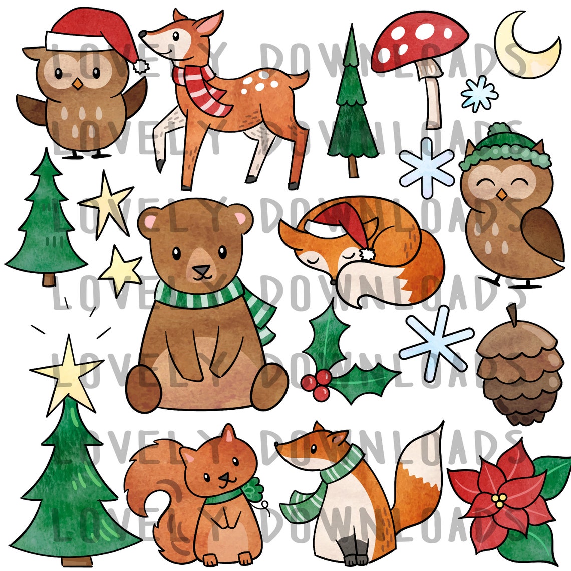 Watercolor Clipart Woodland Animals Christmas, Instant Digital Download ...