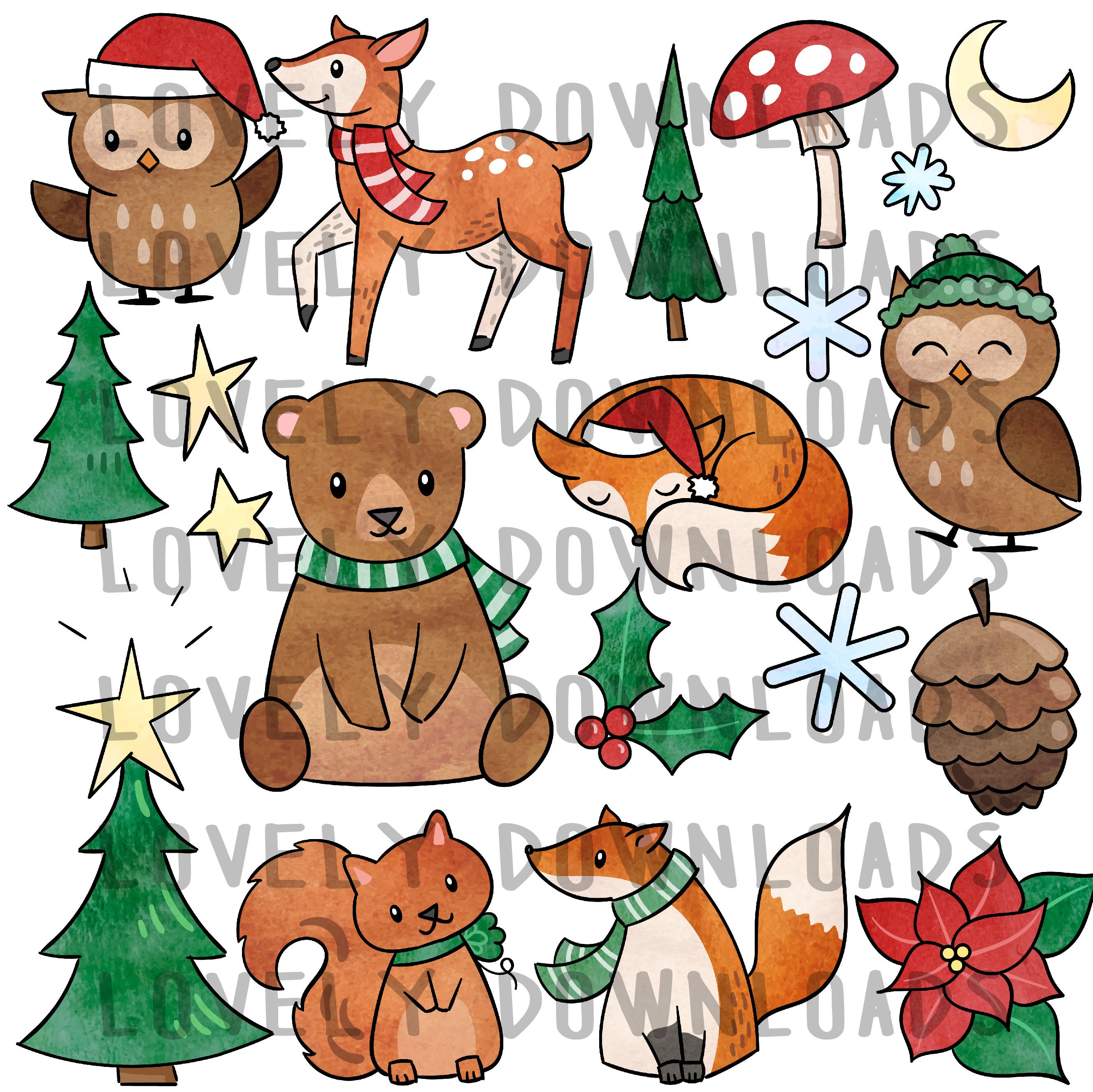 Watercolor Clipart Woodland Animals Christmas, Instant Digital Download ...