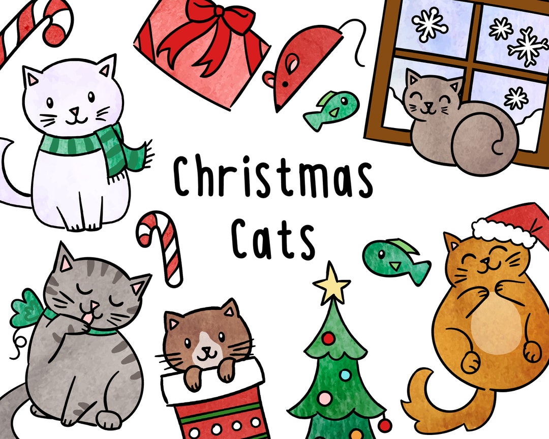Watercolor Clipart Christmas Cats, Instant Digital Download, Limited ...