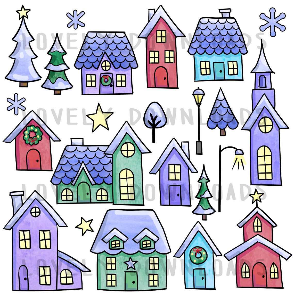 Watercolor Clipart Christmas Village, Instant Digital Download, Limited ...