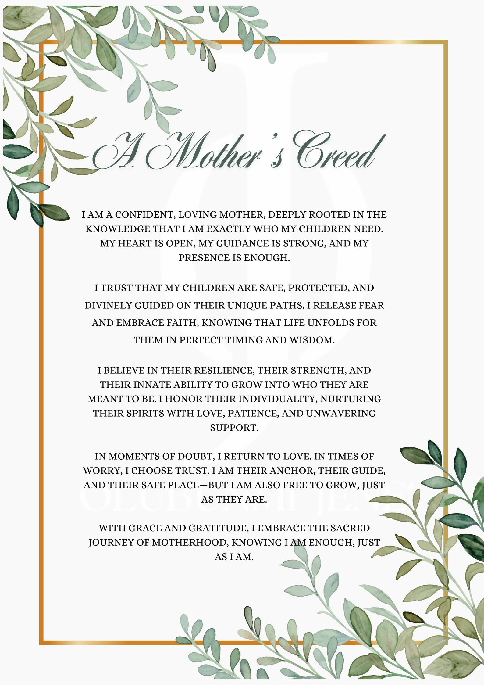 Mother’s Creed | Printable Wall Art | Inspirational Motherhood Quote ...