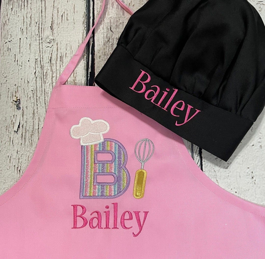 Personalized Girls Apron W Pockets, Optional Hat, Embroidered Initial ...