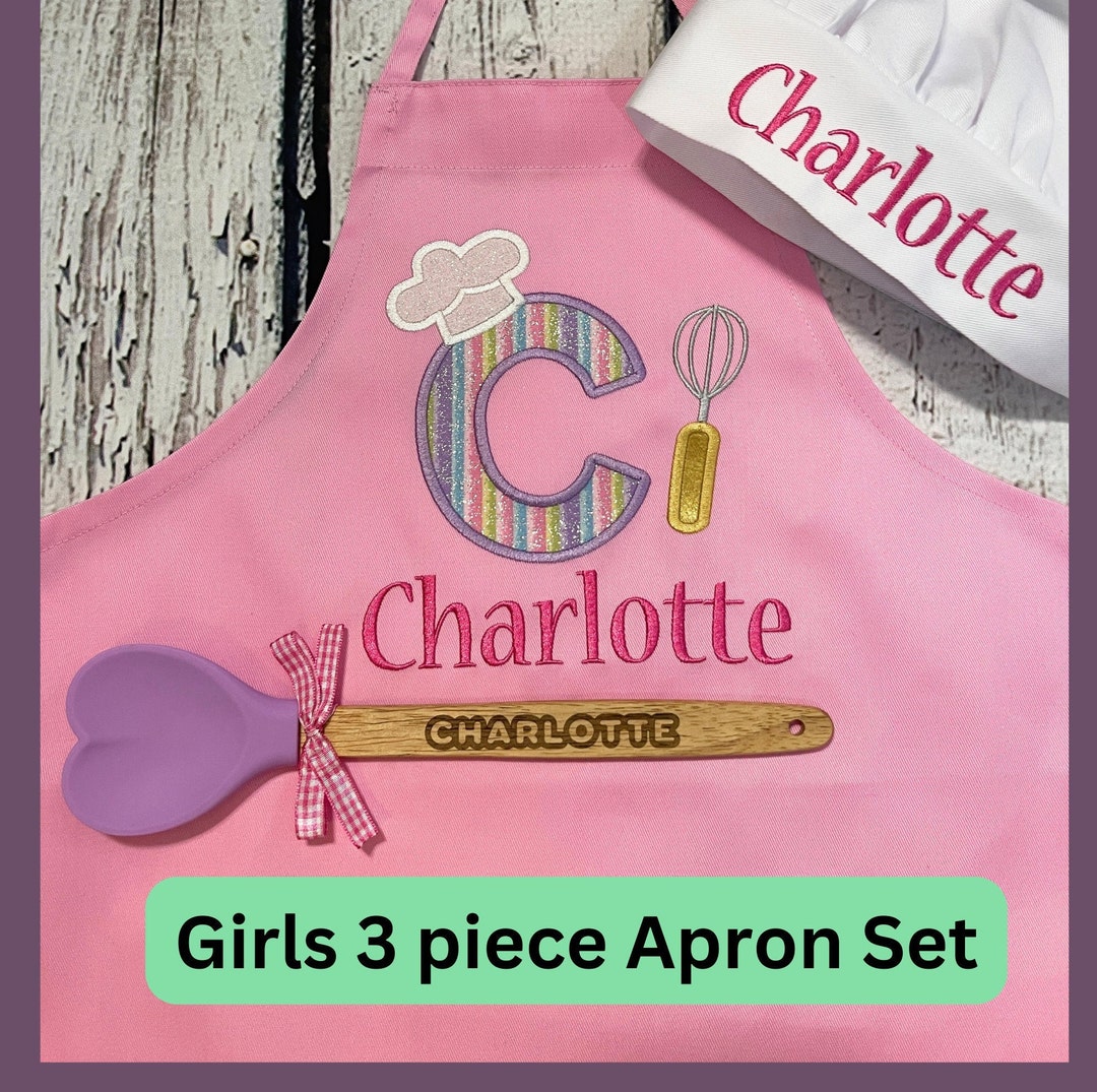 Girls Personalized 3 Piece Apron Set With Pockets, Matching Name on All ...