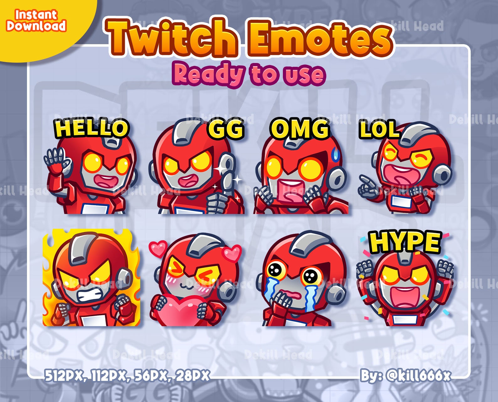 8 the Red Robot Emotes, Hello, GG, OMG, LOL, Rage, Love, Crying, Hype ...