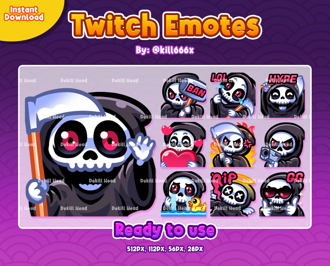 10 Stream Emotes Chibi Grim Reaper Hello Ban LOL Hype Love Angry Pistol ...