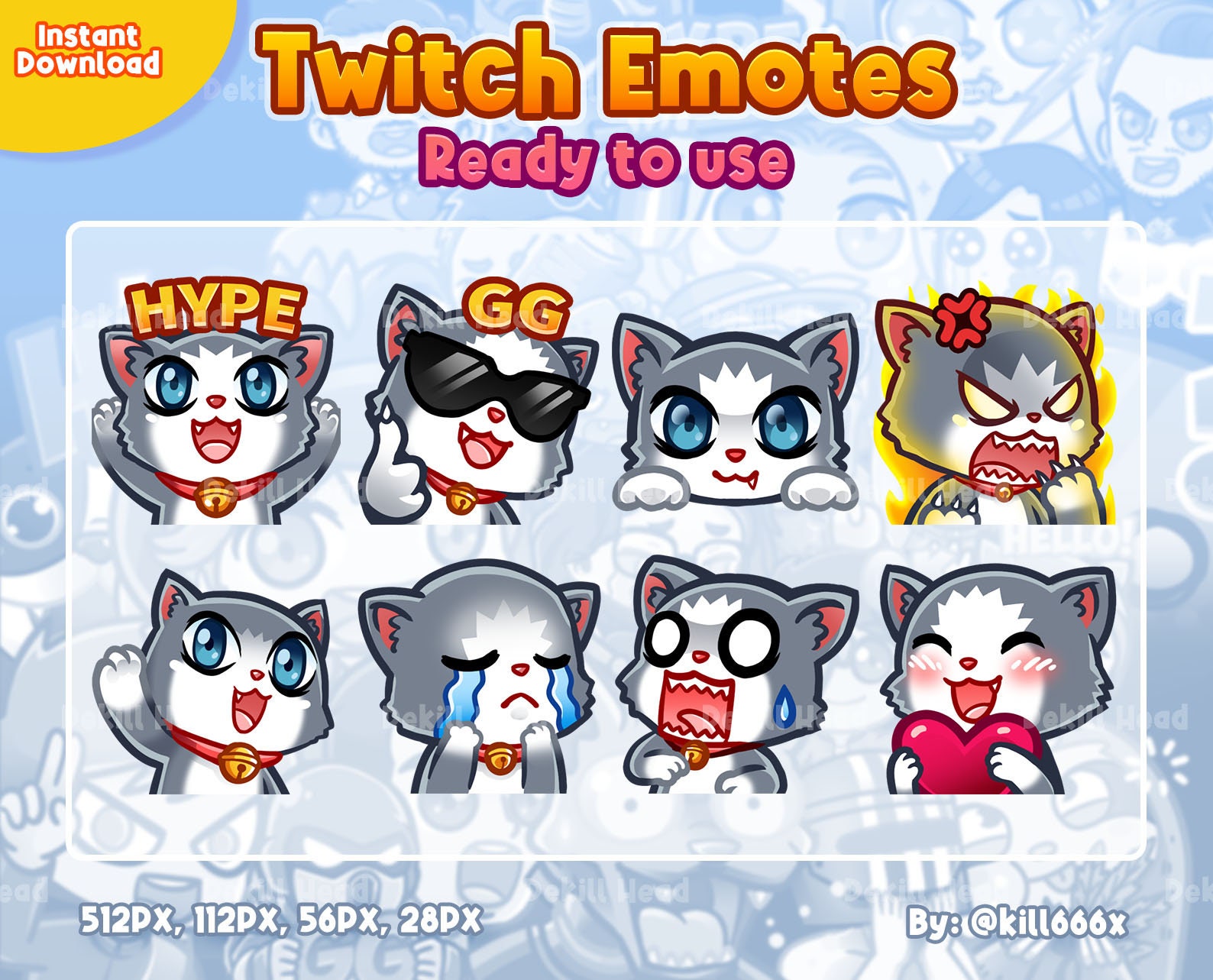 8 Twitch/stream Emotes - Cute Gray and White Cat With Blue Eyes - Etsy
