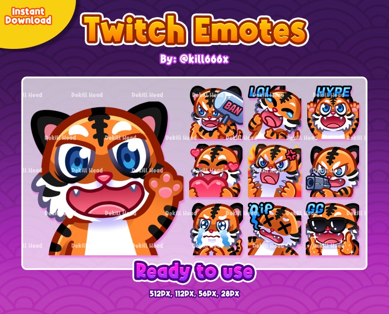 10 Stream Emotes - Chibi Tiger | Hello | Ban | LOL | Hype | Love ...