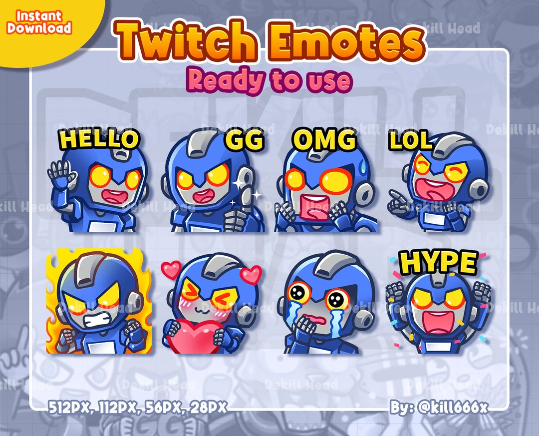 Blue Robot Twitch Emotes: Hello, GG, OMG, LOL, Rage, Love, Crying, Hype ...