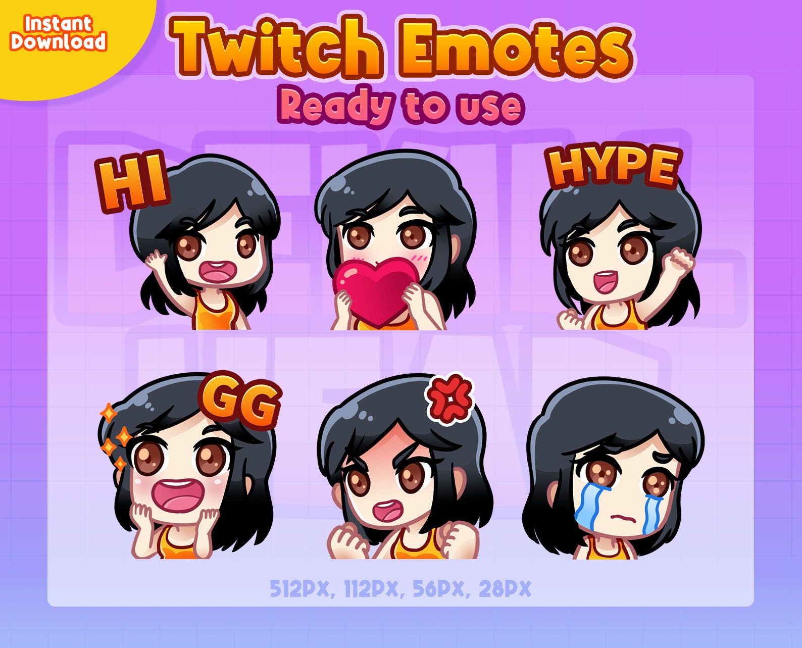 6 Stream Emotes - Cute Chibi Girl With Black Hair - Etsy