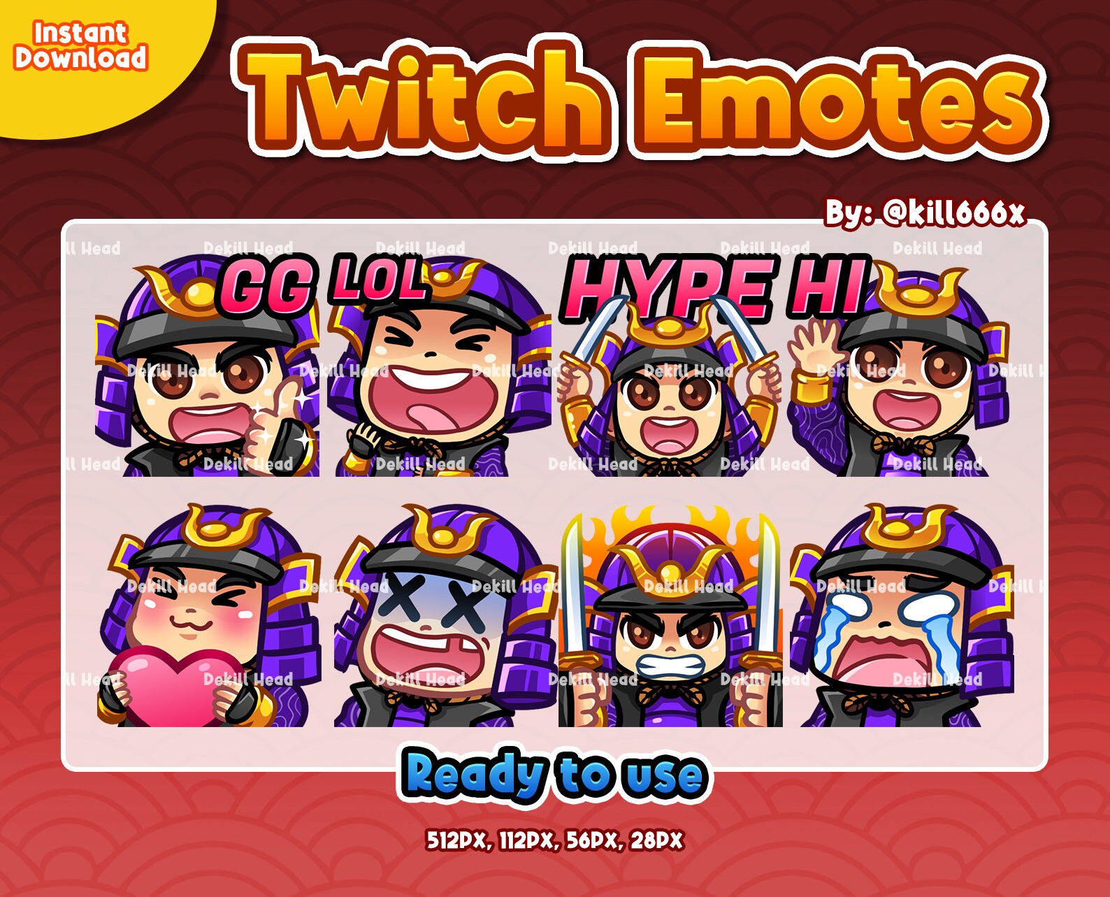 8 Samurai Boy Purple Version Emotes, GG, LOL, Hype, Hi, Love, RIP ...