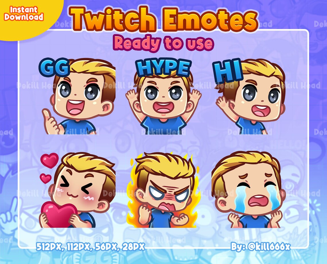 6 Stream Emotes Cool Chibi Gamer Boy con pelo rubio - Etsy España
