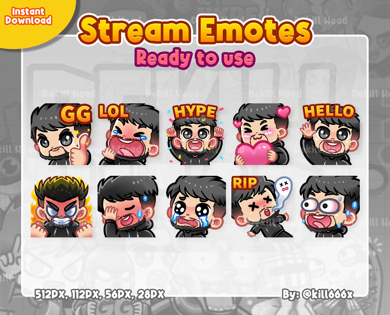 10 Stream Emotes - Hoodie Boy Black Hair With Beard - Etsy