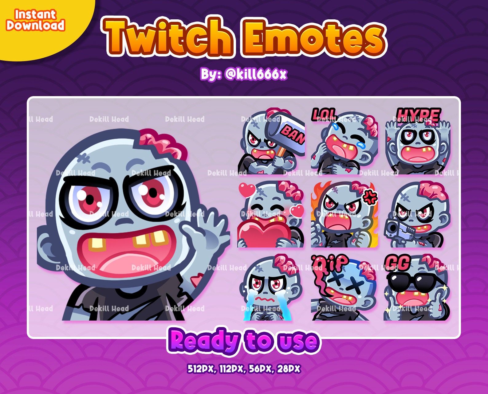 10 Stream Emotes Chibi Zombie Gray Hello Ban LOL Hype Love Angry Pistol ...