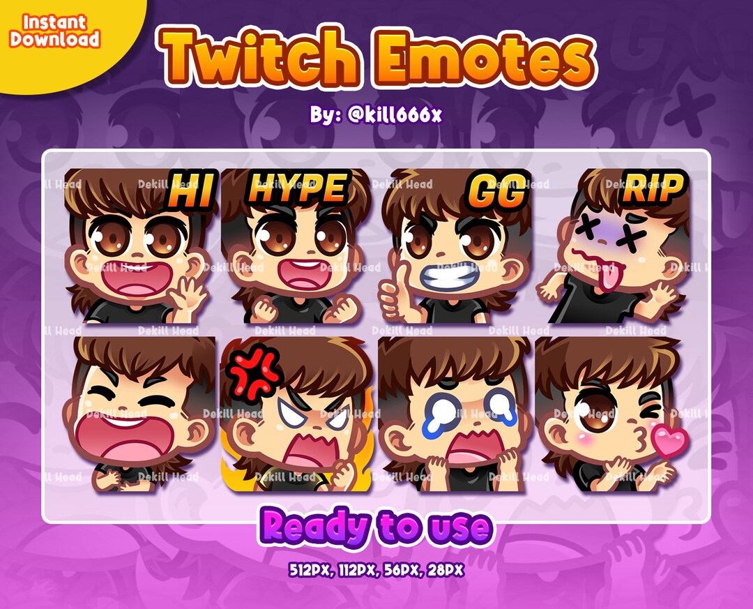 8 Stream Emotes - Mullet Boy | Black T-shirt | Brown Hair - Etsy