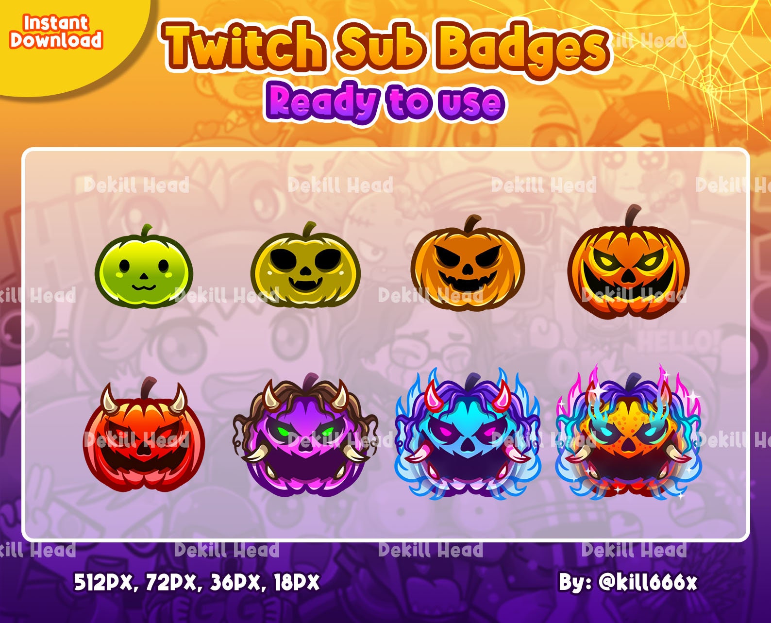 8 Sub Badges Pumpkin Halloween Jack-o'lantern Scary Evil Subscriber ...