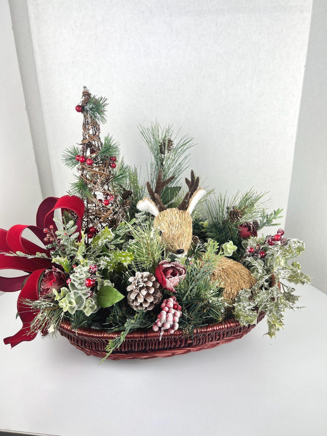 Rustic Winter Deer Centerpiece Lighted Holiday Basket Decor, Woodland ...