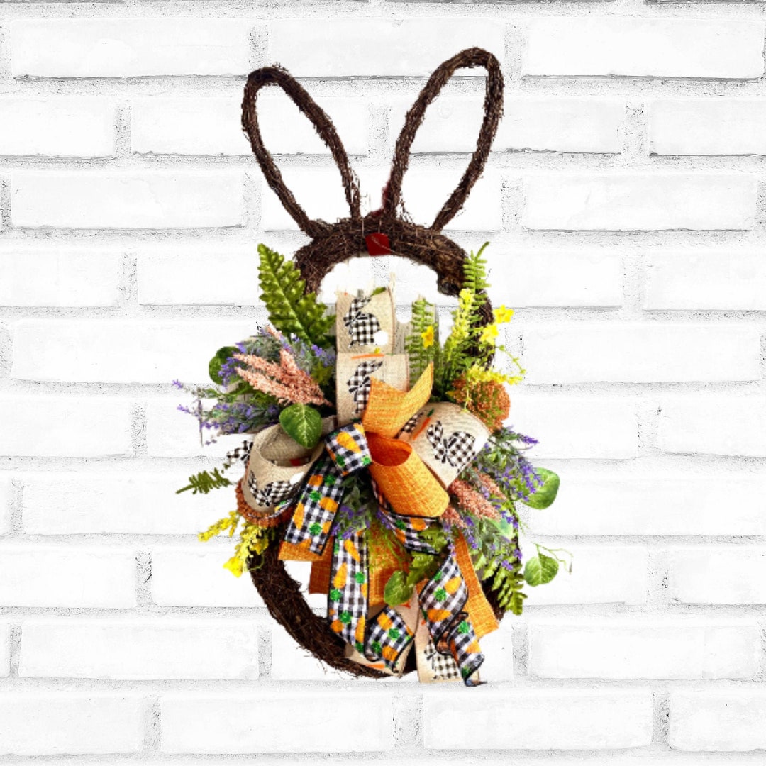 Spring Bunny Door Hanger Wreath for Front Door, Buffalo Plaid ...
