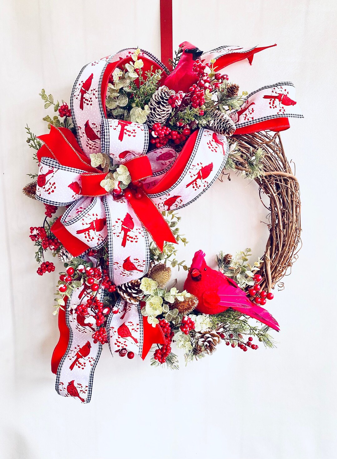 Cardinal Christmas Wreath, Grapevine Holiday Door Decor, Red Bird ...