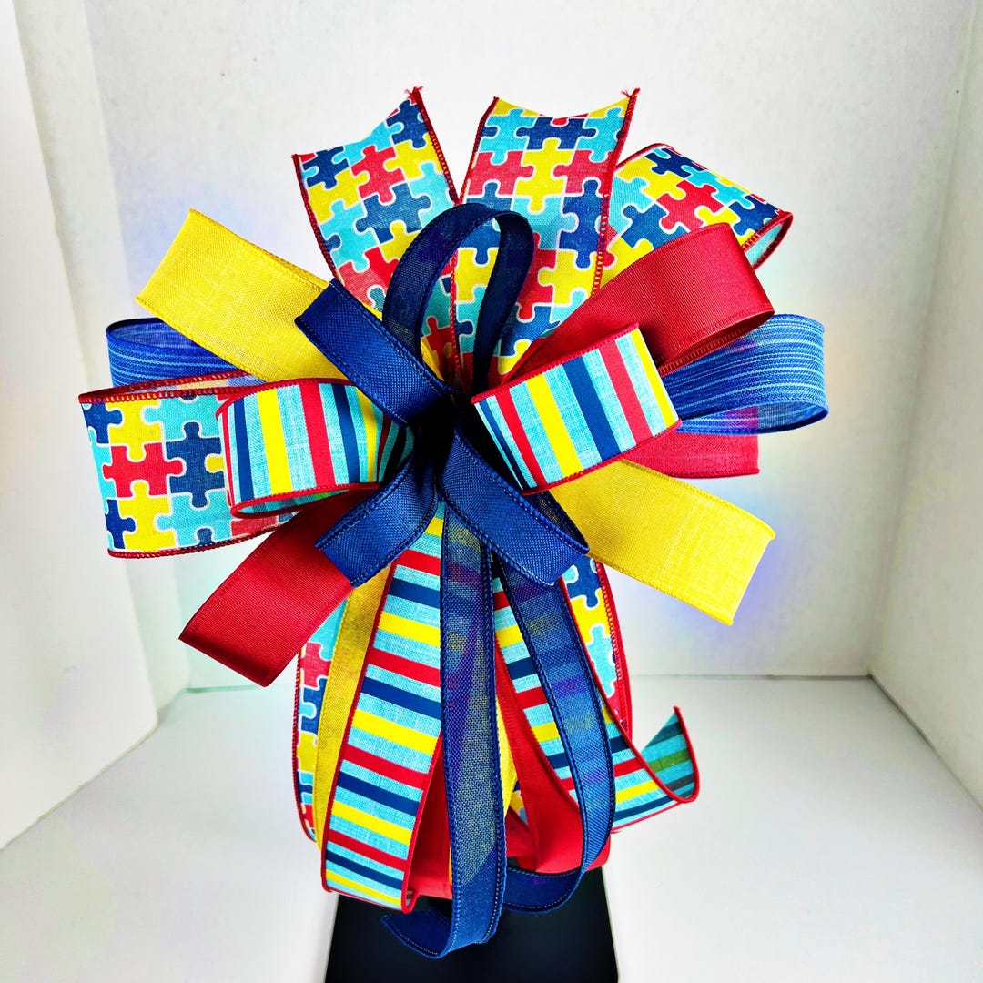 Autism Awareness Bow – Puzzle Ribbon Wreath Bow, Handmade Door Decor ...