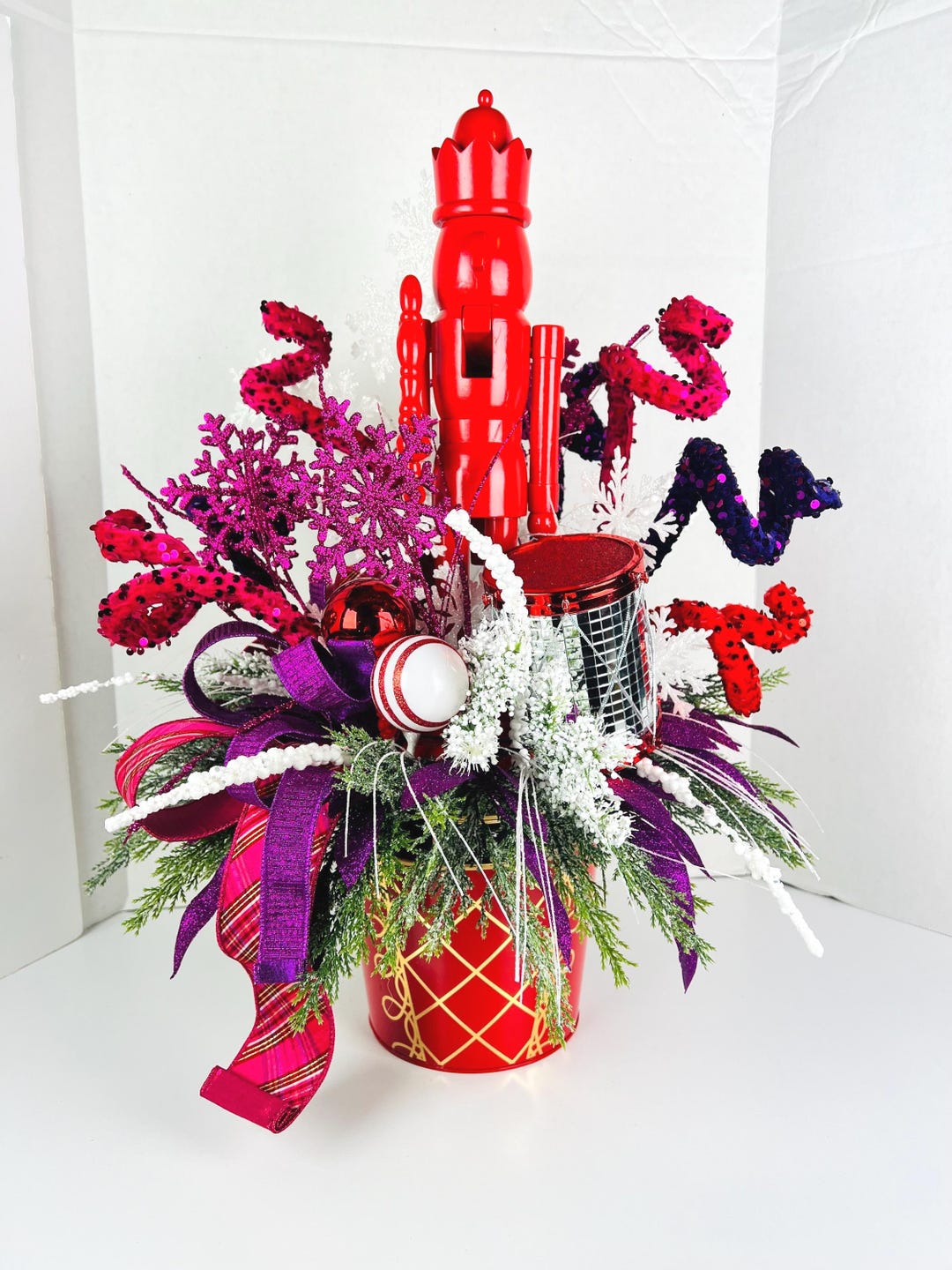 Red Purple & Hot Pink Nutcracker Drum Centerpiece: Christmas Floral ...
