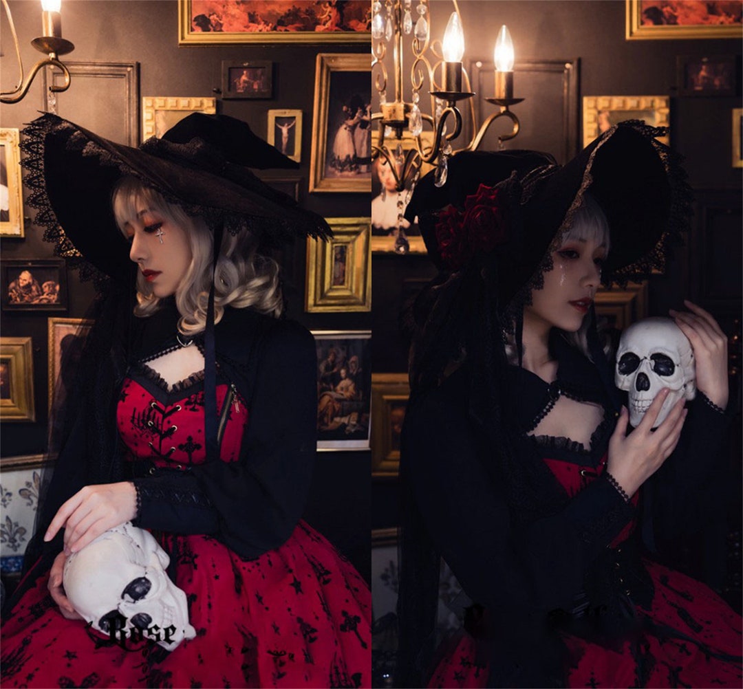 2022 Black Witch Hat With Rose Bow Halloween Costume Accessories Black ...