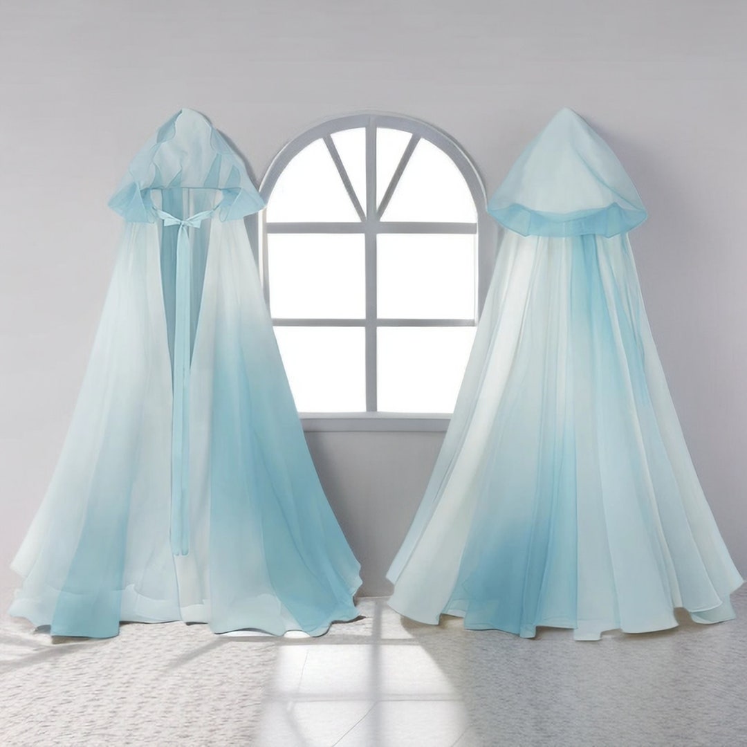 Gradient Blue Cloak Soft Tulle Hooded Cape Wedding Bridal Cloak Long ...