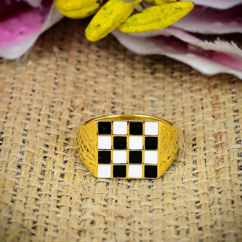 Gold Plated Sterling Silver Checkerboard Enamel Ring - Etsy