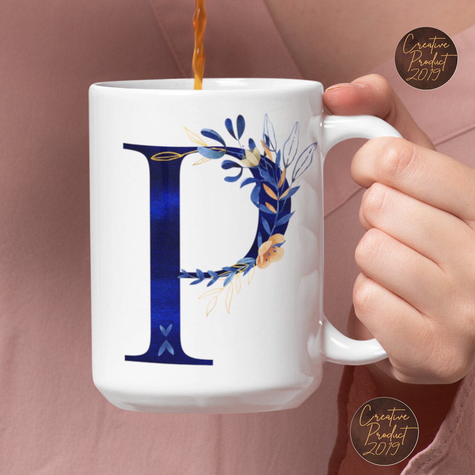 Personalized Letter Monogram P Blue Floral Alphabet Custom Coffee Mug ...