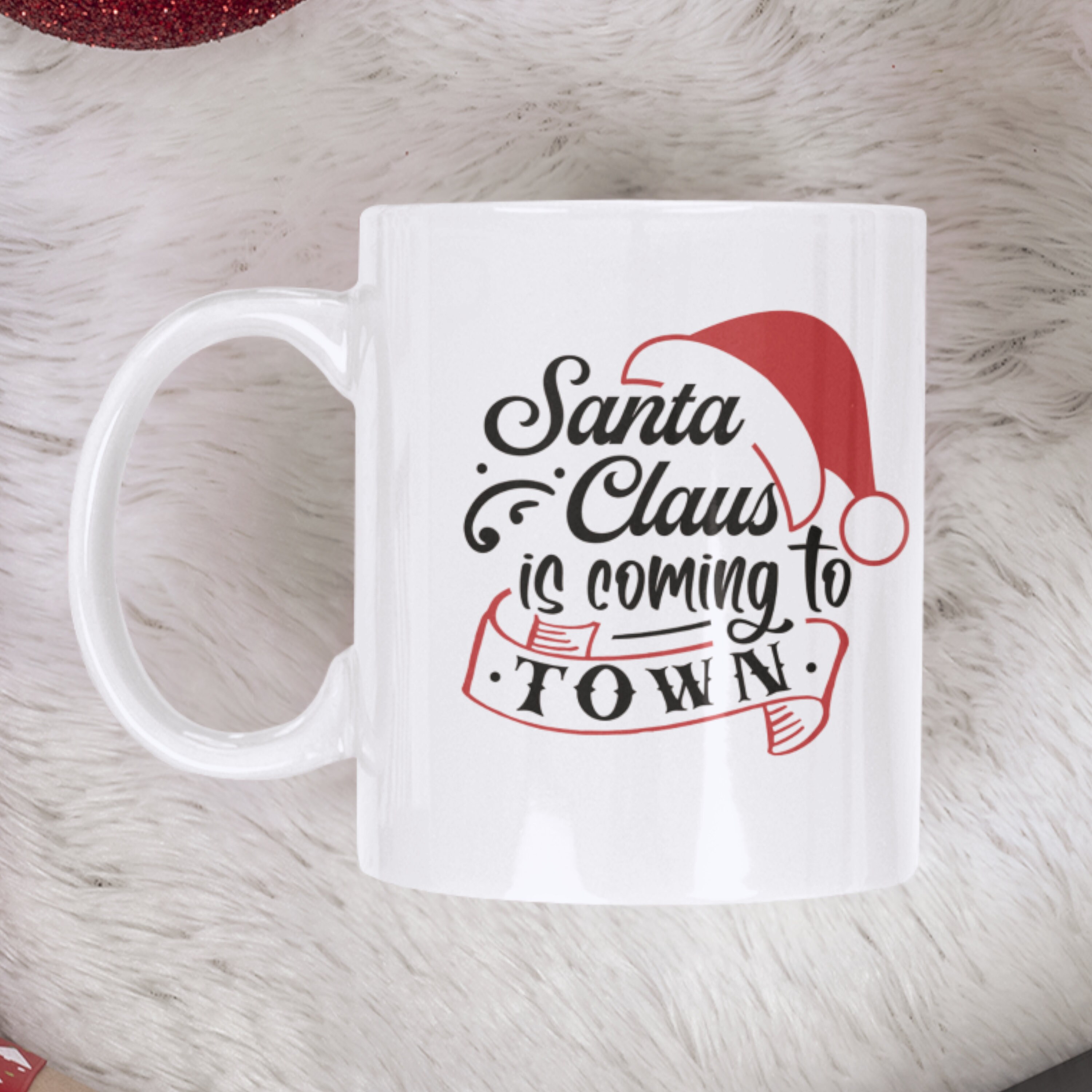 Santa Claus is coming to town Santa hat holiday mugs Merry | Etsy