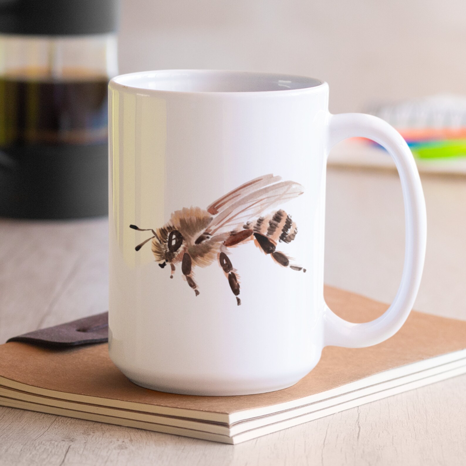 Watercolor Bee Custom Coffee Mug, Bumble Bee Nature Coffee Cup, Animal ...
