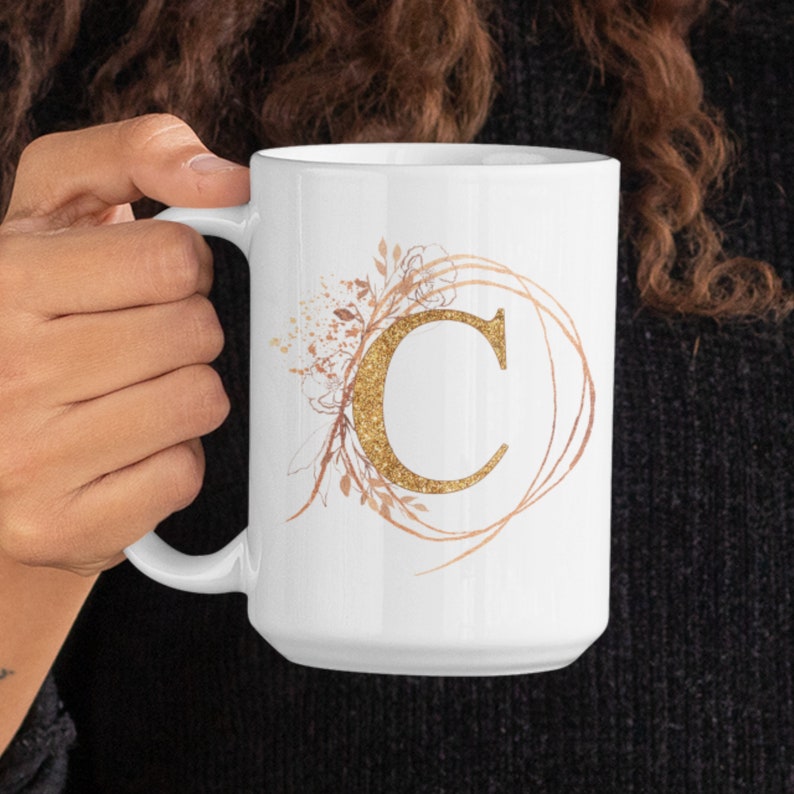 Monogram C Floral Coffee Mug Gold Wreath Name Coffee Cup, Personalized ...