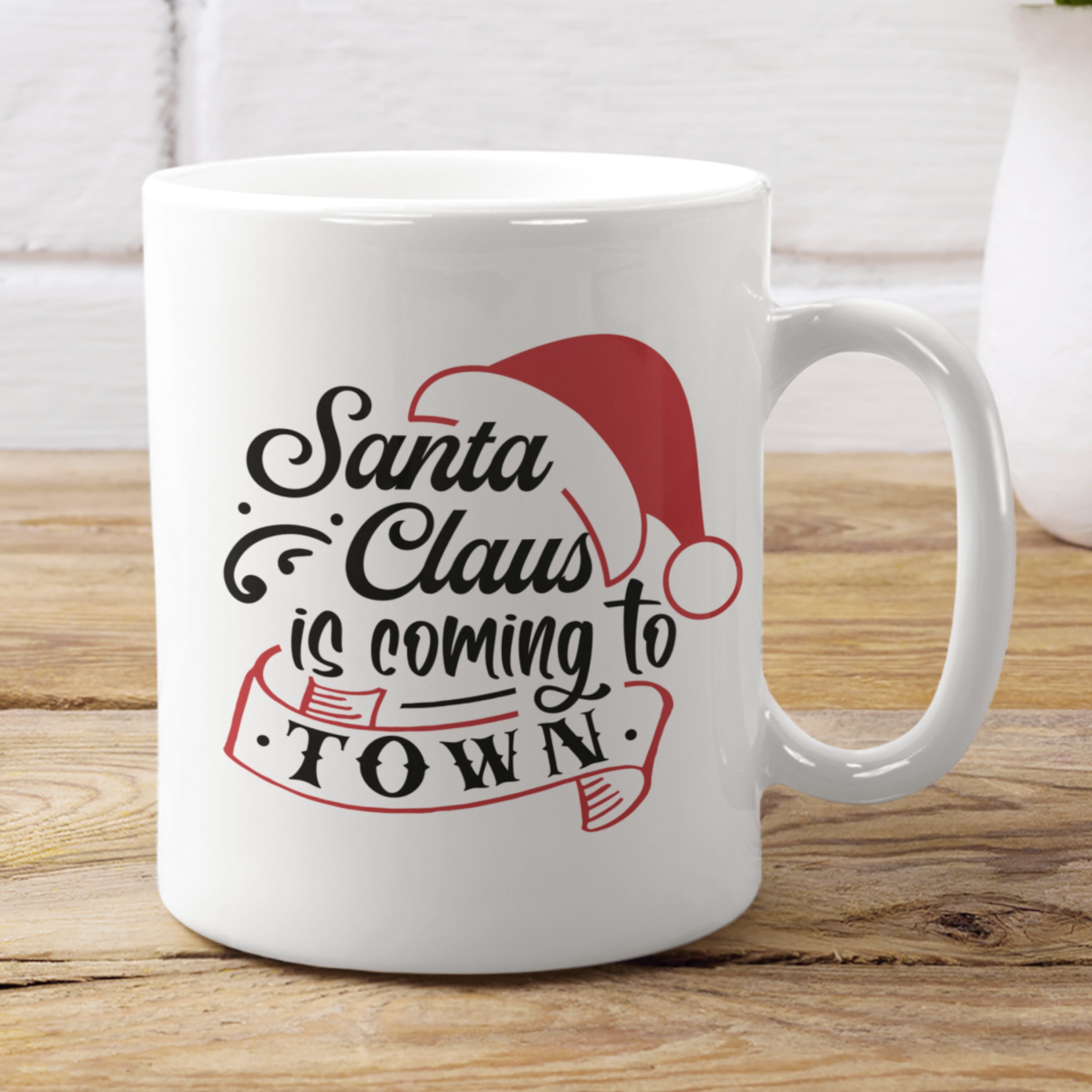 Santa Claus is coming to town Santa hat holiday mugs Merry | Etsy