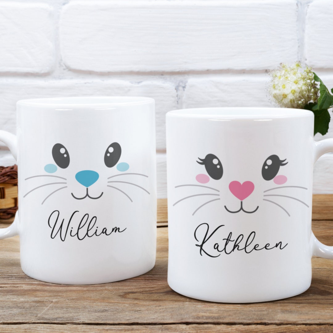 Bunny Girl Coffee Mug Set, Easter Rabbit Face Custom Mug, Kids Name ...
