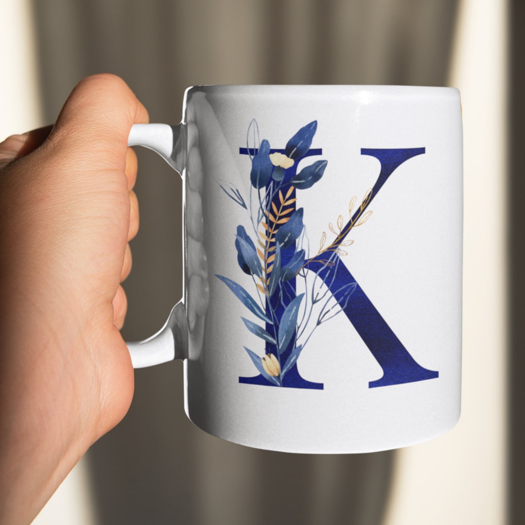 Initial K Custom Monogram Mug, Floral Blue Letter Alphabet Coffee Cup ...