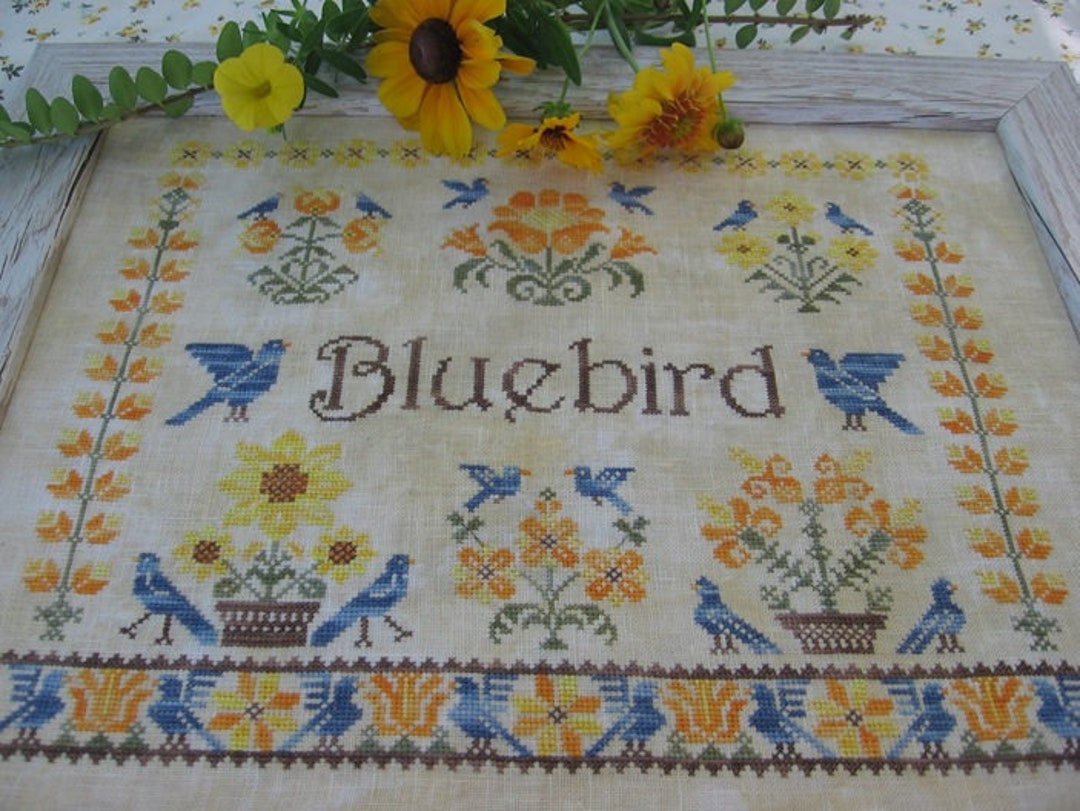 Bluebird Sampler / Yellow and Orange Summer Flower / Original Cross Stitch Design / PDF Pattern ...