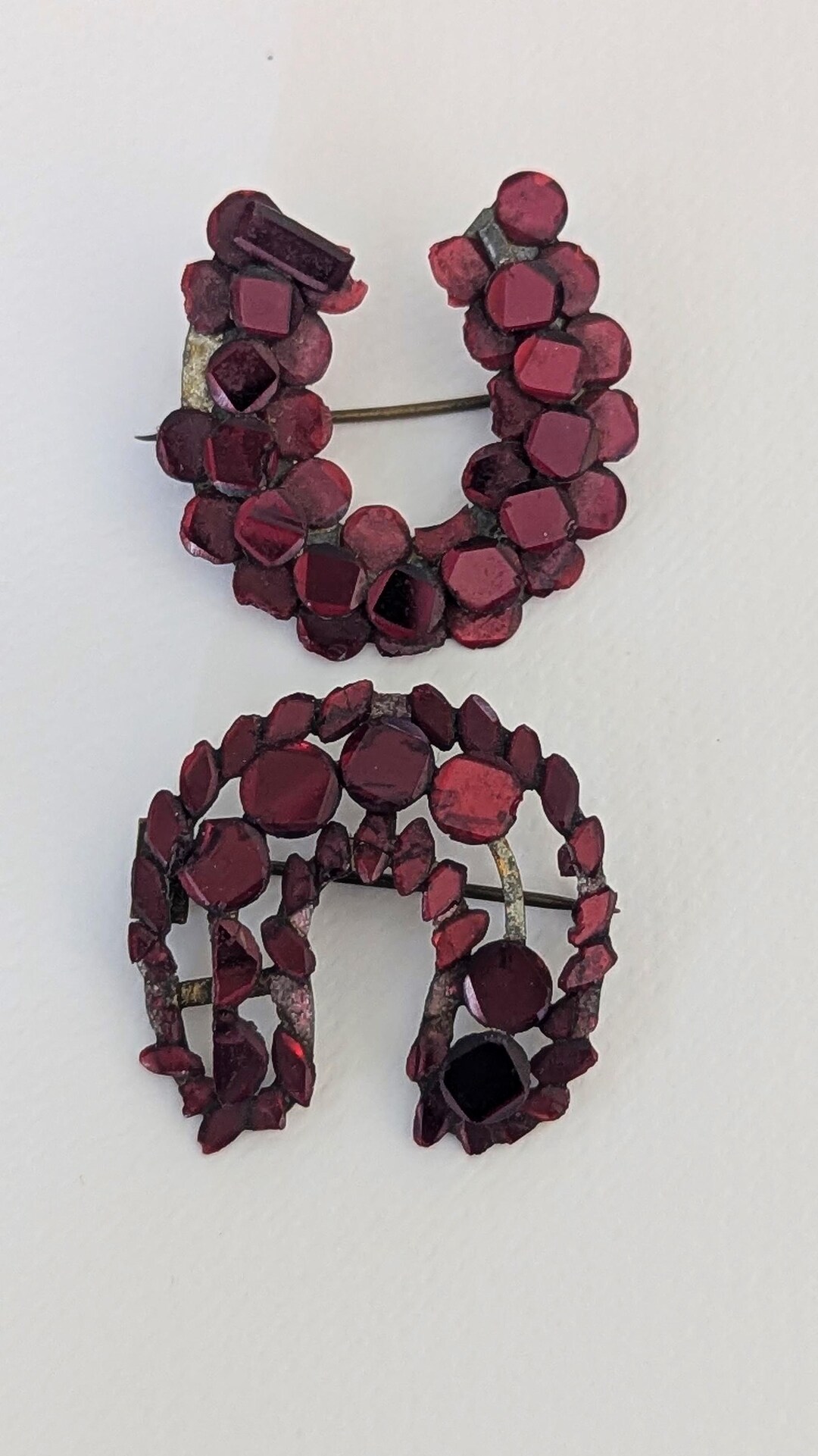 2 X Antique Ruby Red Vauxhall Glass Brooches as Horseshoe Shapes. A/F ...