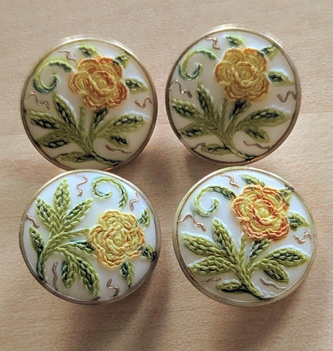 Button Stunning White Glass With Color Embroidery Detail. 4 Way Brass ...