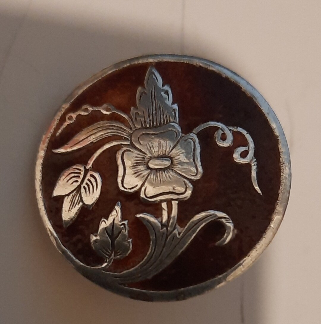 Deccan Button Burnt Orange Enamel on Silver With a Symbol. Signed. 2cm ...