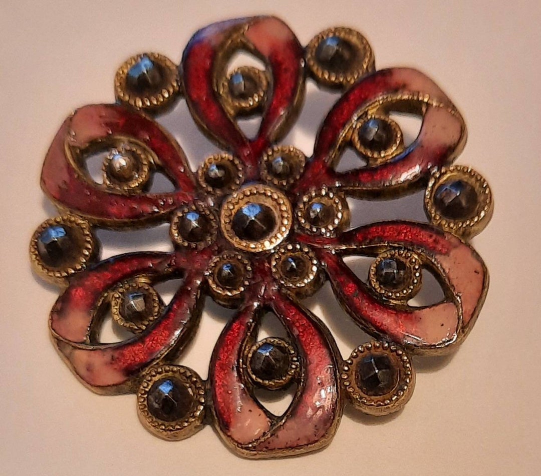 Button Antique Colorful Ribbon Design Pierced Enamel and Cut Steel ...