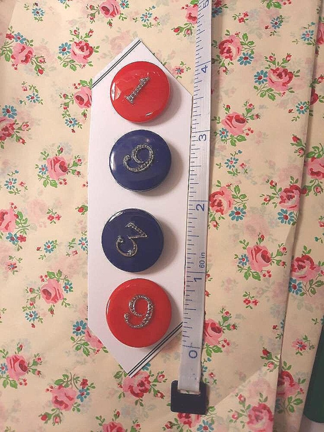 Buttons X 4 of Numbers Spelling C1939. Vintage Glass in Blue and Red ...
