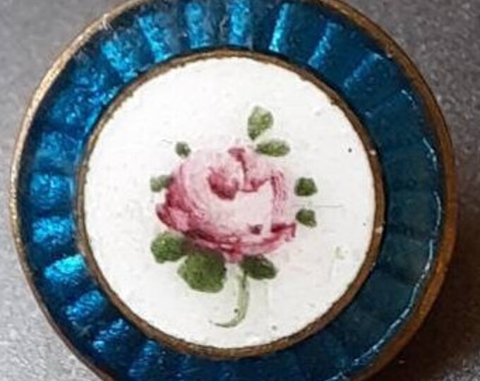 1800s Button Pink Rose Enamel With Framed Blue Guilloche Surround ...