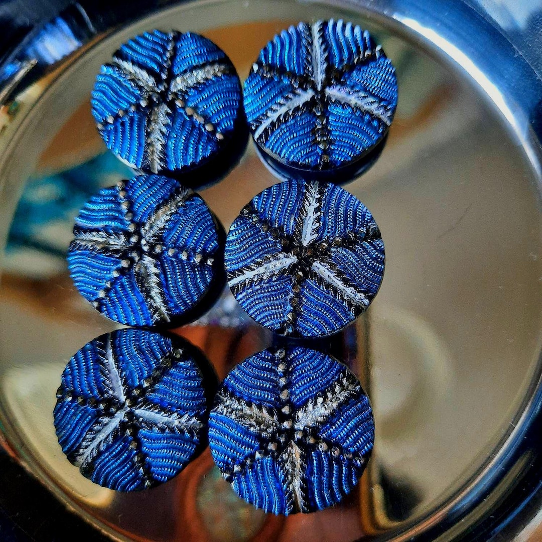 6 Antique Glass Buttons Blue and Silver Fern Design. 22mm Diameter. - Etsy